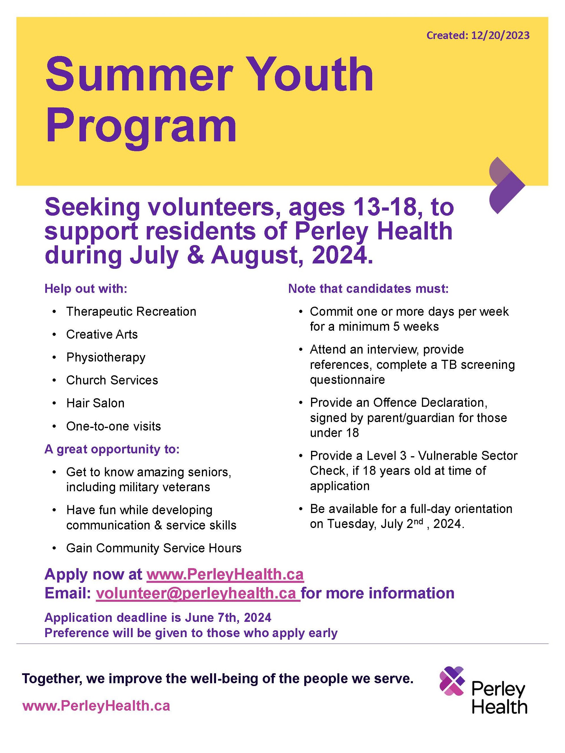 Perley Health - Youth Volunteer Program